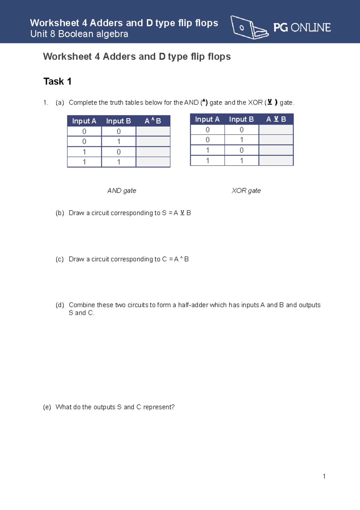 Boolean algebra Worksheet 4 - Worksheet 4 Adders and D type flip flops ...