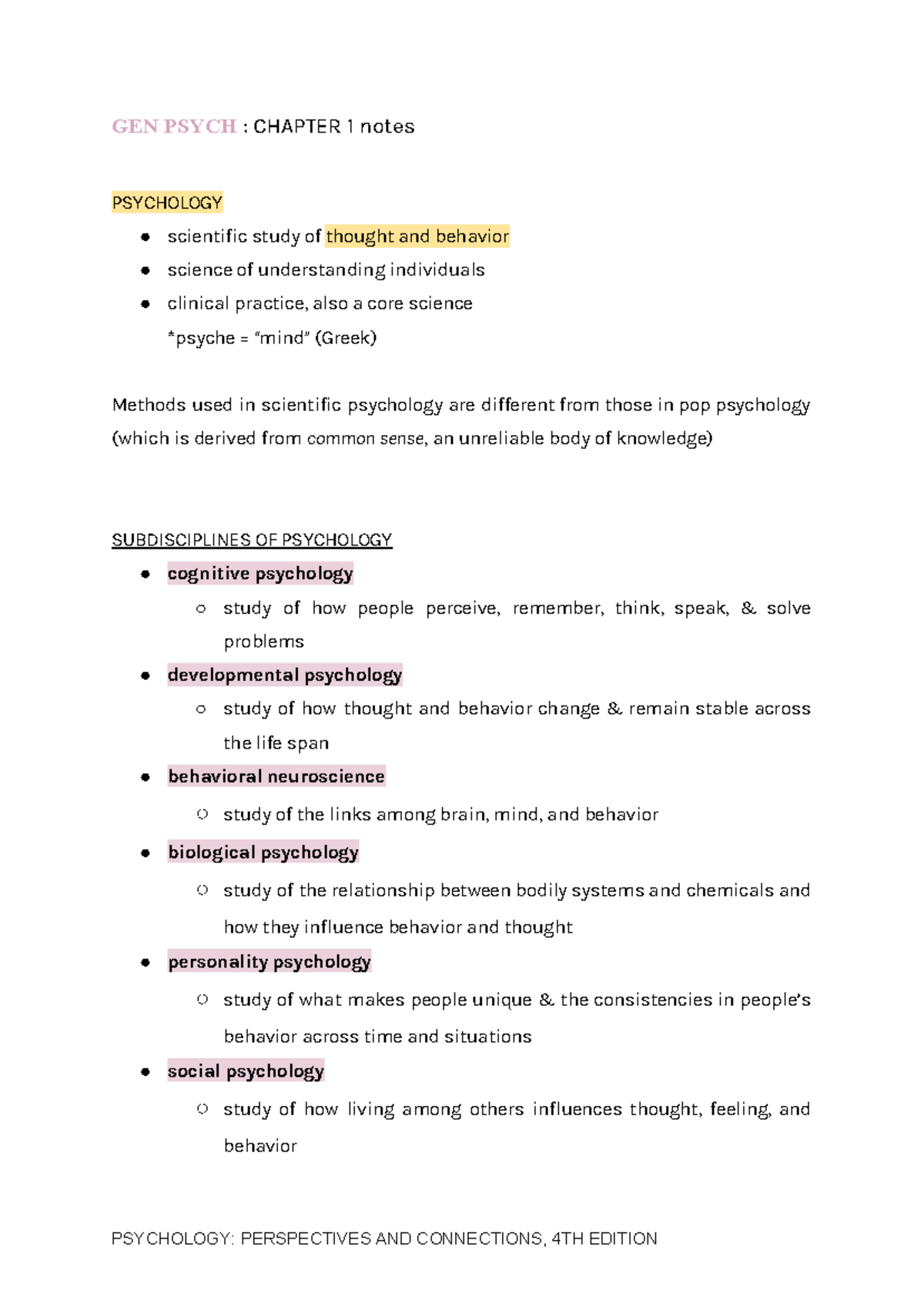 Gen Psych - Ch. 1 - GEN PSYCH : CHAPTER 1 notes PSYCHOLOGY scientific ...