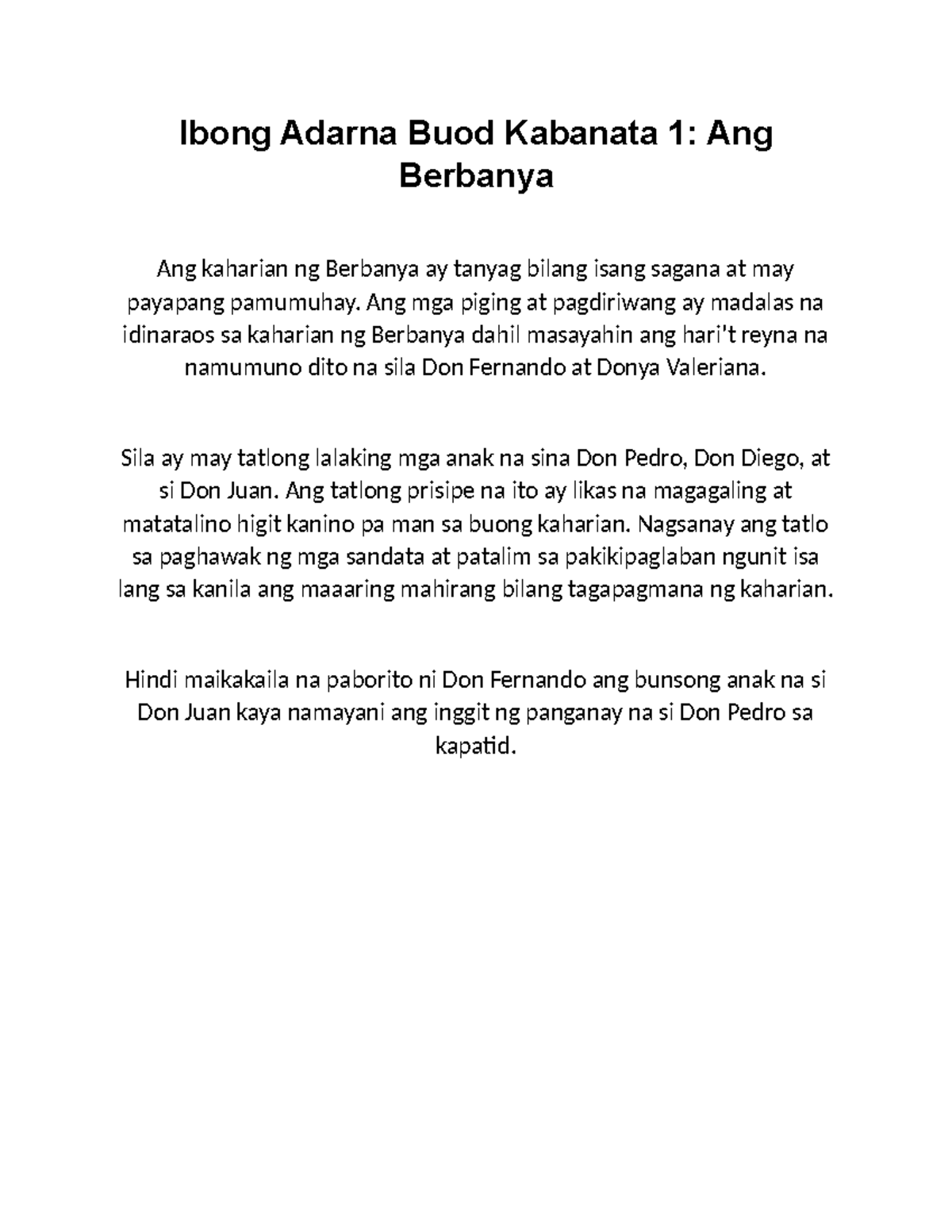 ibong adarna synopsis - Ibong Adarna Buod Kabanata 1: Ang Berbanya Ang ...