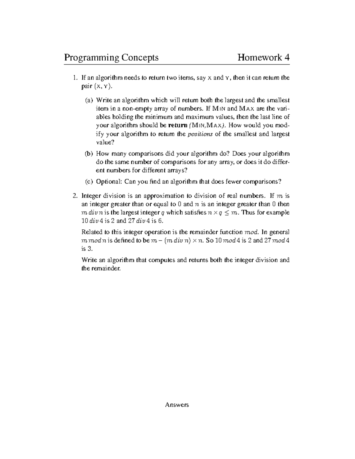 Homework Sheet 4 Question Set Programming Concepts Homework 4 If An Algorithm Needs To