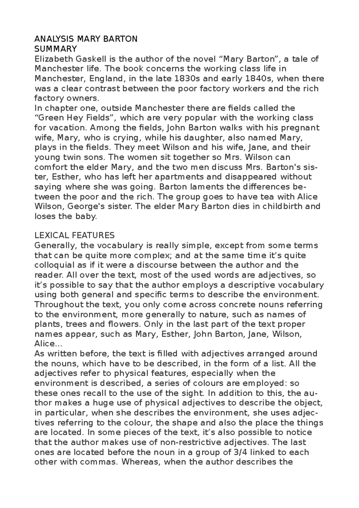 Mary barton analysis - ANALYSIS MARY BARTON SUMMARY Elizabeth Gaskell ...