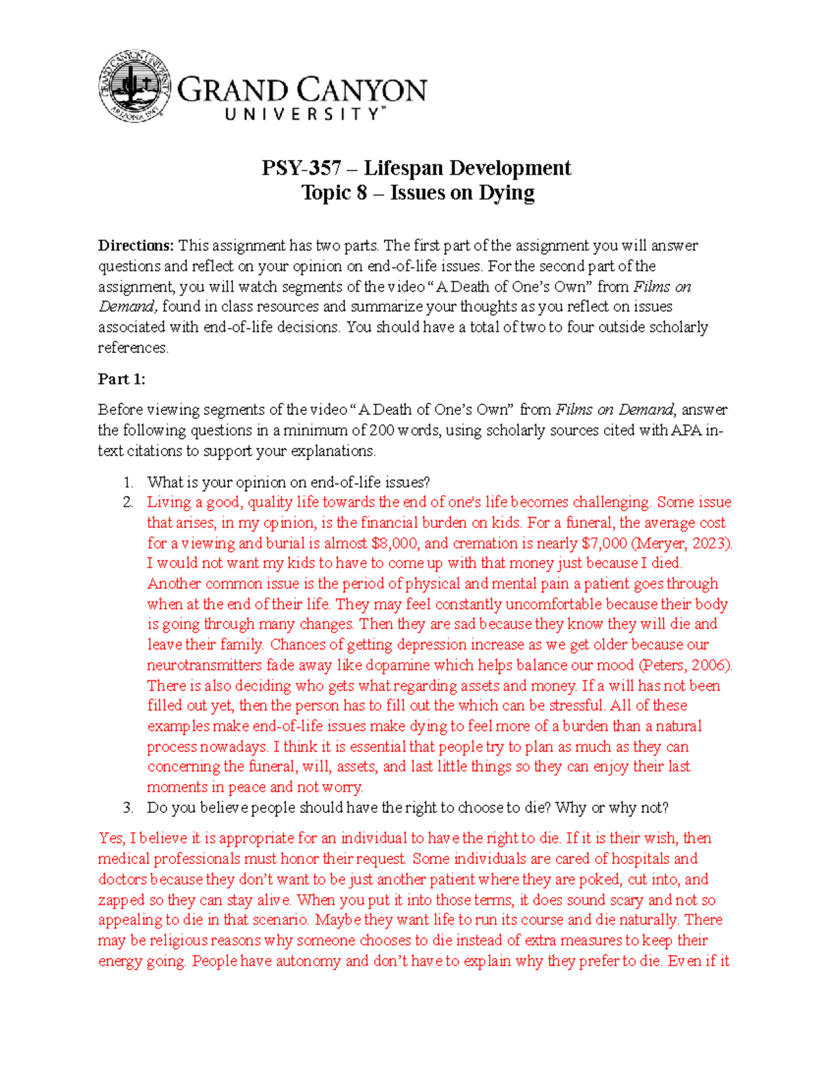 Issueson Dying Worksheet - PSY-357 - GCU - Studocu