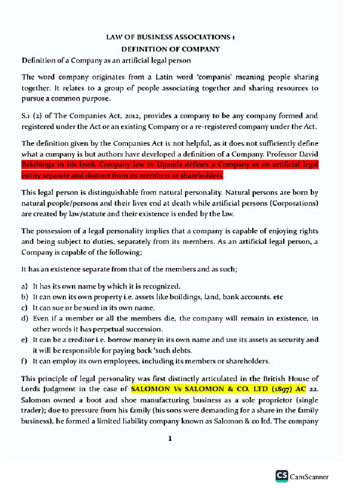 Co. Law 1 - Lecture notes - Law of Business Association - Studocu