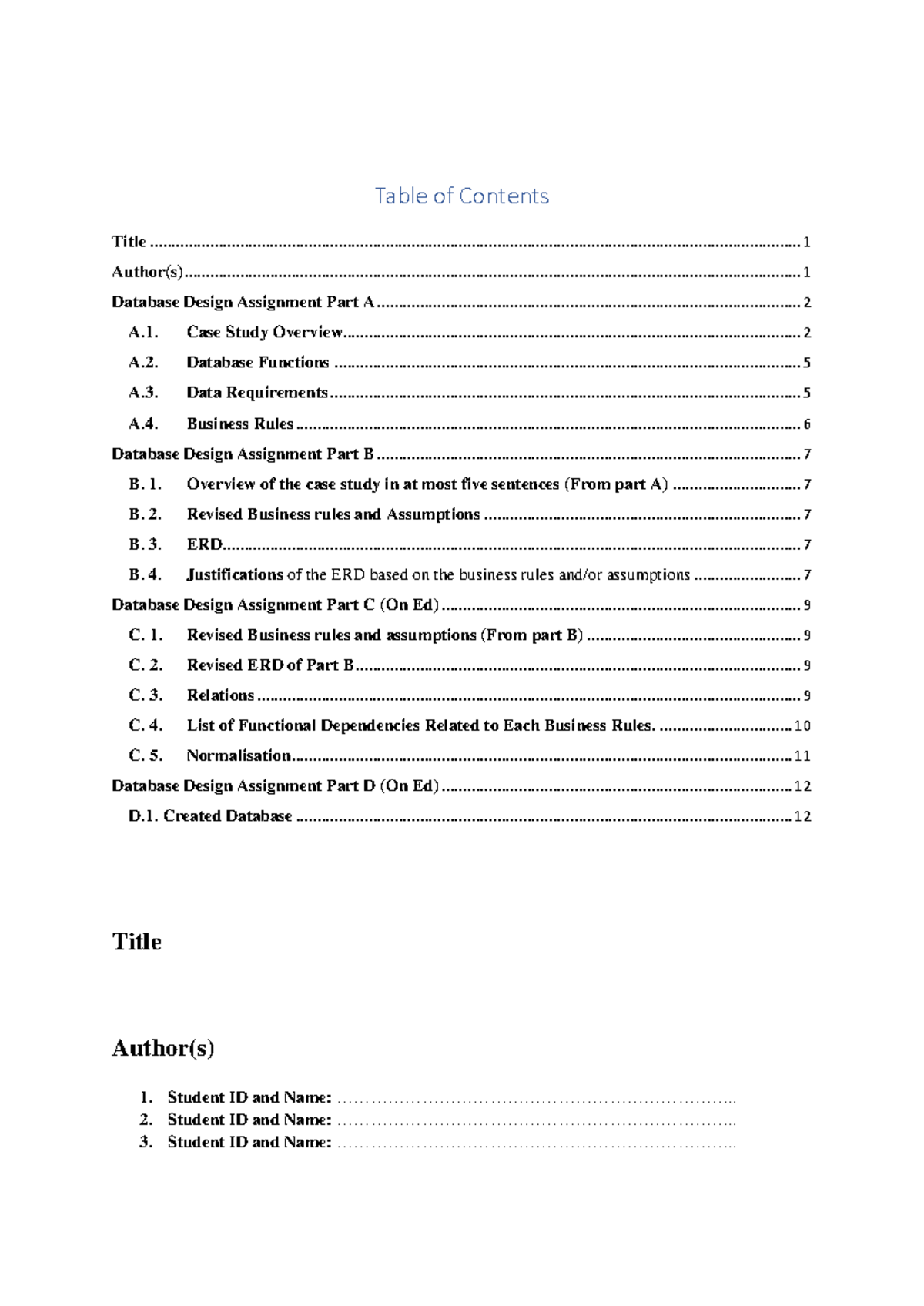 0-Assignment Sample A2024 - Table of Contents Title Author(s) Student ID and Name: - Studocu