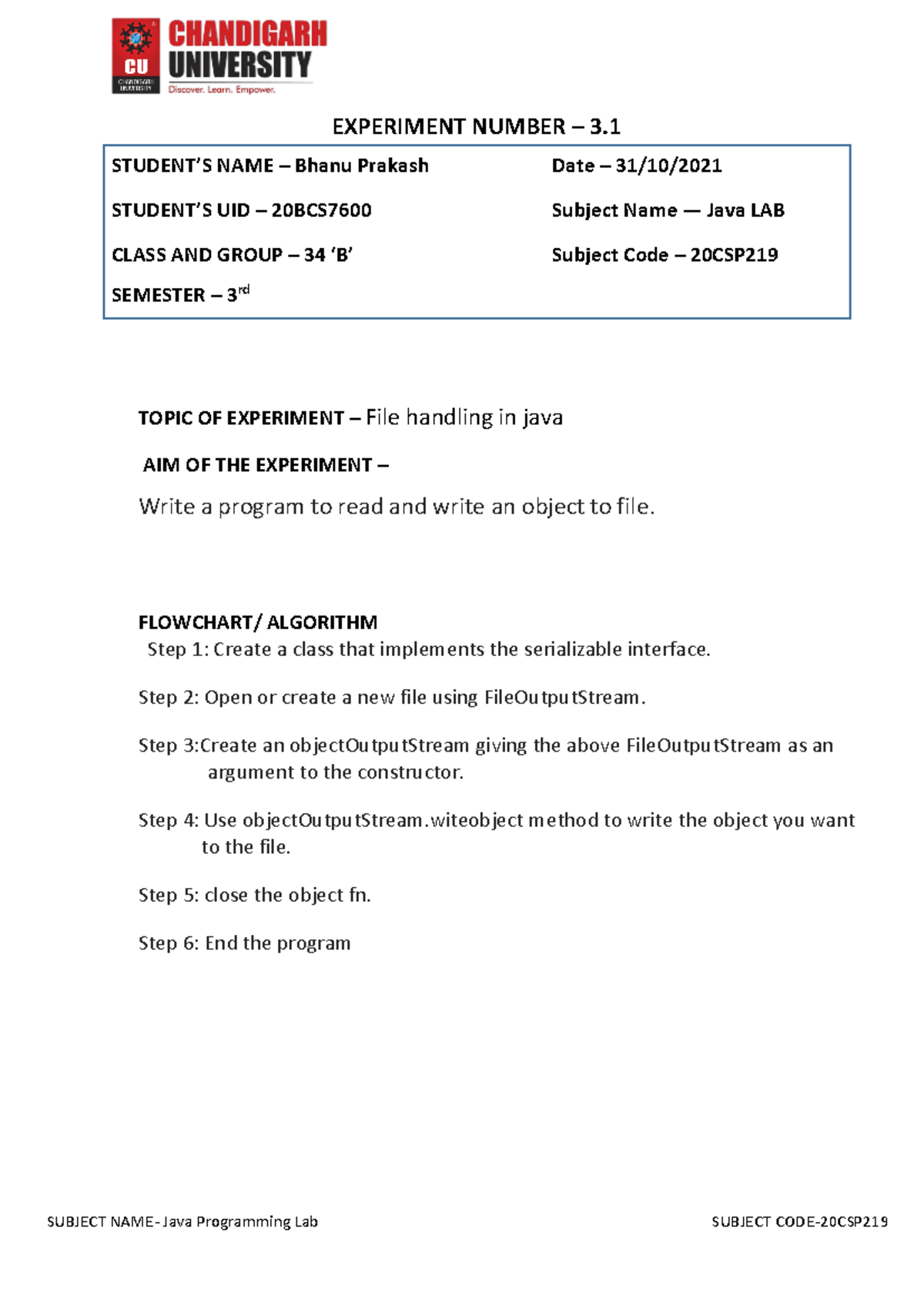Exp3 - EXPERIMENT NUMBER – 3. TOPIC OF EXPERIMENT – File handling in ...