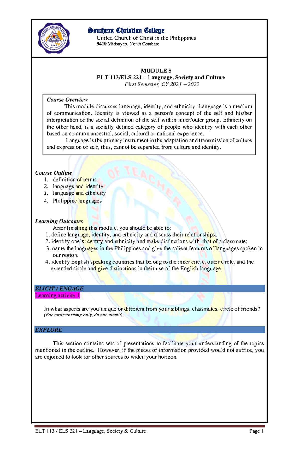 2021 Module 5 ELT 113 & ELS 221 - United Church of Christ in the ...