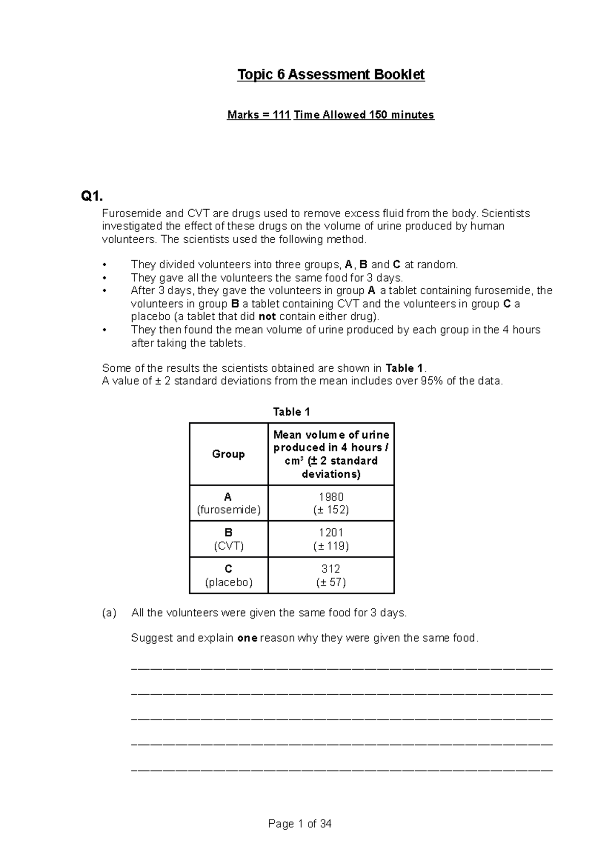 Topic 6 assessment booklet - Topic 6 Assessment Booklet Marks = 111 ...
