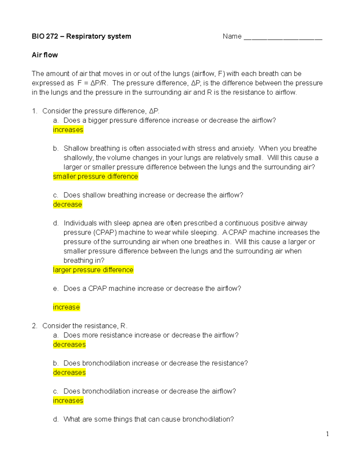 Respiratory system assignment - BIO 272 – Respiratory system Name ...