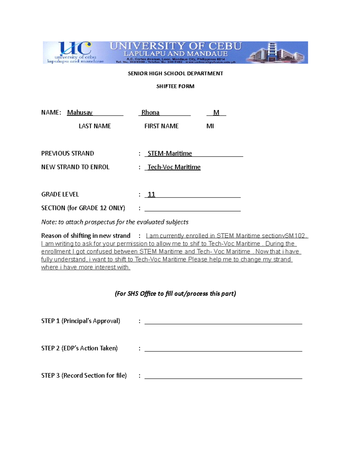 Shiftee FORM[ 1004] - SENIOR HIGH SCHOOL DEPARTMENT SHIFTEE FORM NAME ...