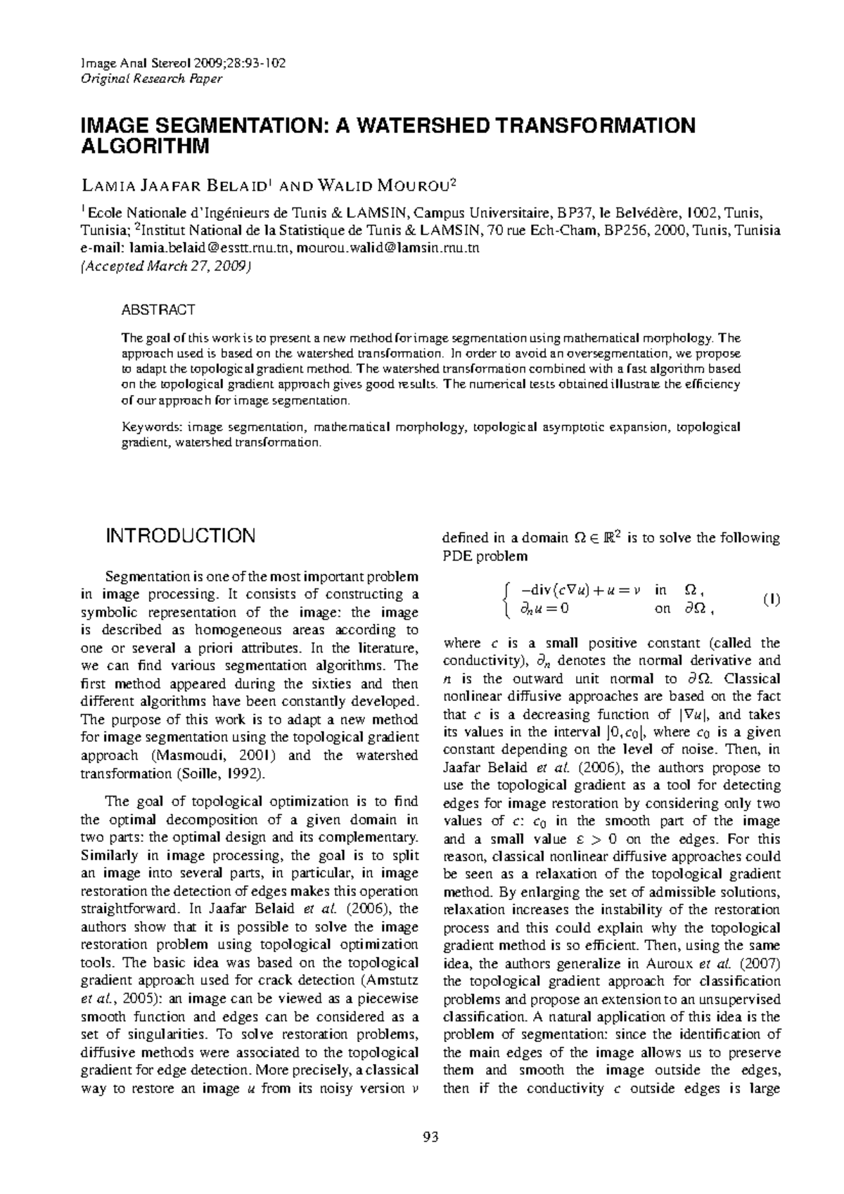 Image Segmentation A Watershed Transform - Image Anal Stereol Original Research Paper IMAGE ...