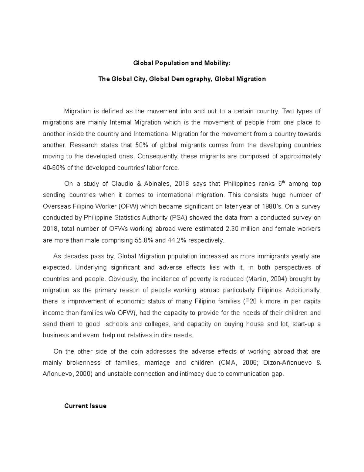 Global Population and Mobility Short Review Article - Global Population ...