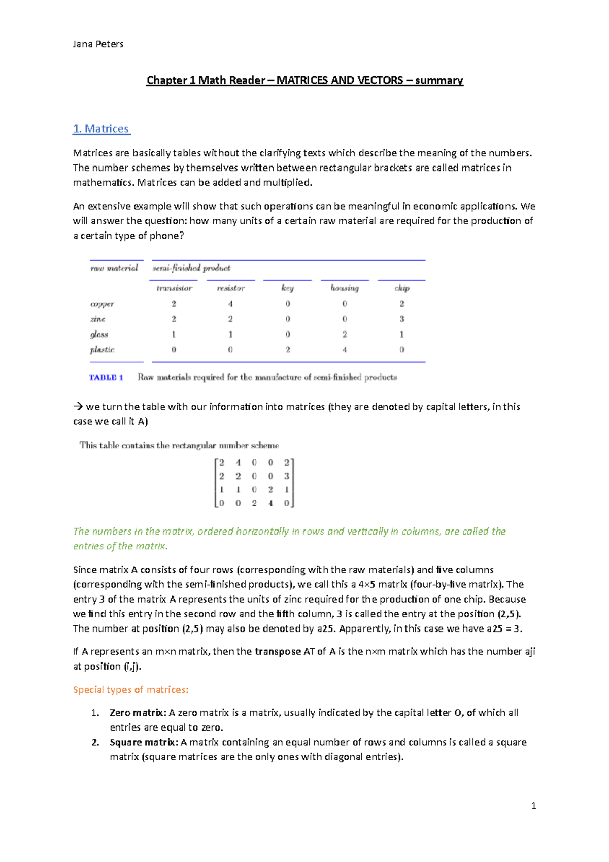 Summary MATH Reader WEEK 1 to 3 - Chapter 1 Math Reader – MATRICES AND ...