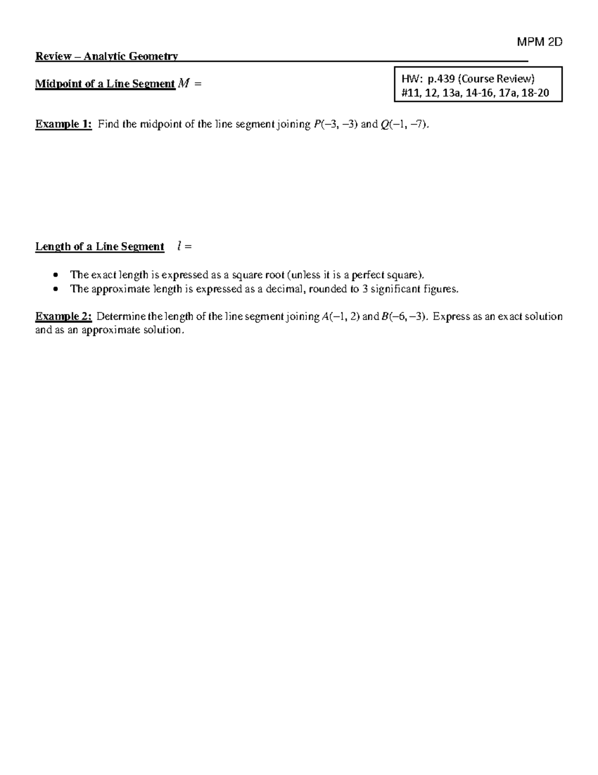 Review 1 - Analytic Geometry - MPM 2D Review – Analytic Geometry ...