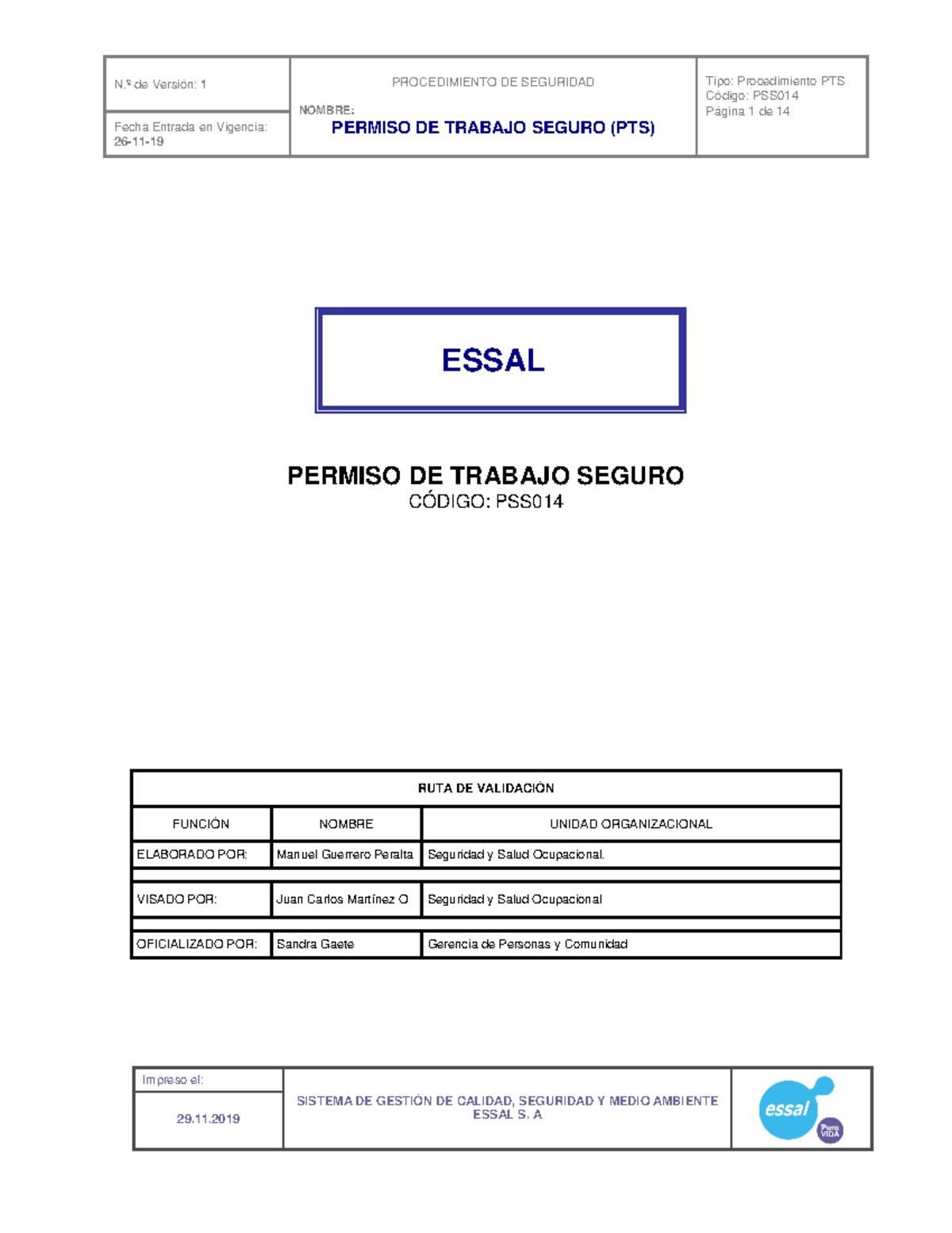 Procedimiento PTS - N.º de Versión: 1 PROCEDIMIENTO DE SEGURIDAD NOMBRE ...