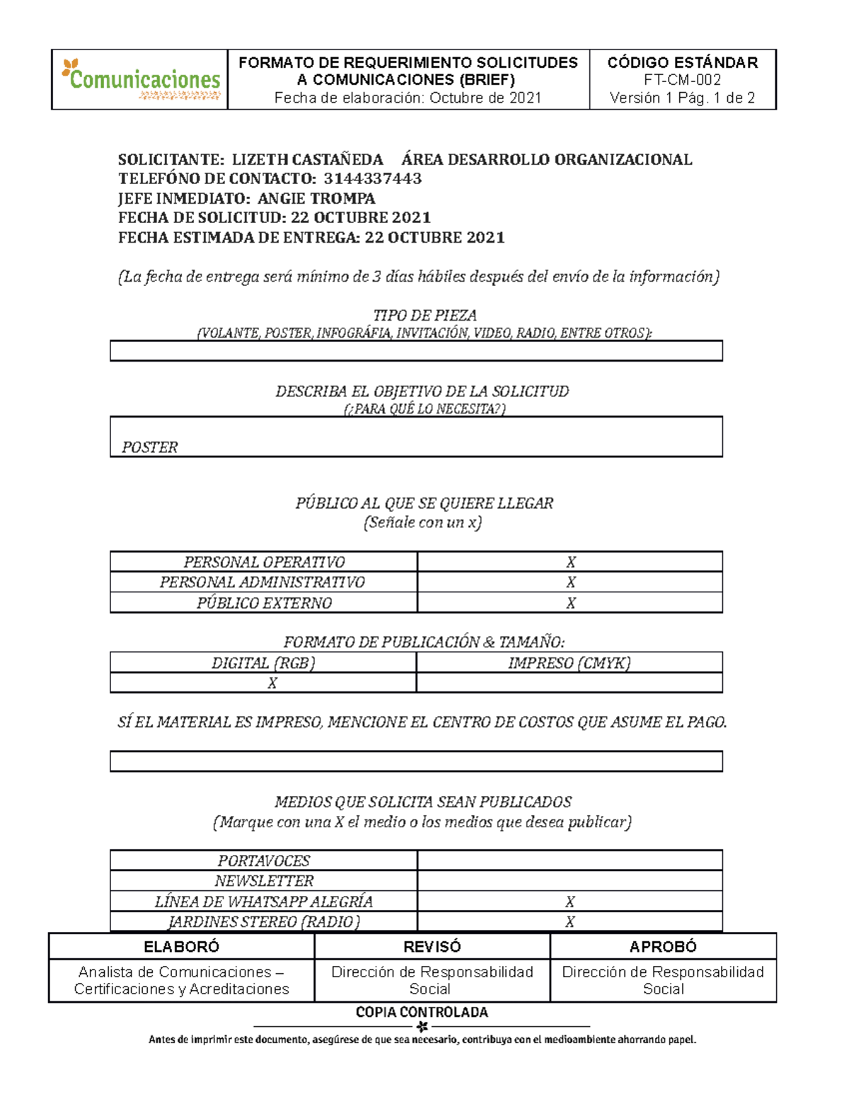 002 FT Formato DE Requerimiento Solicitudes A Comunicaciones ( Brief ...