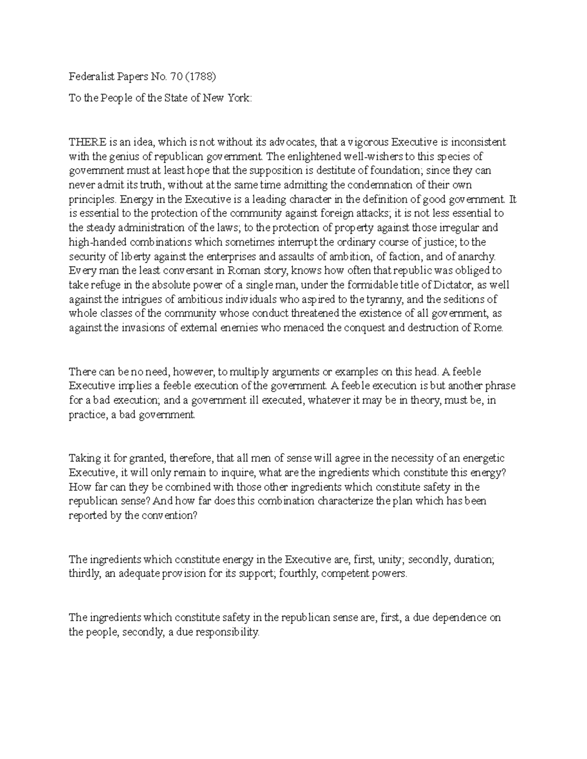 Federalist Papers No 70: The Federalist Papers - Federalist Papers No ...