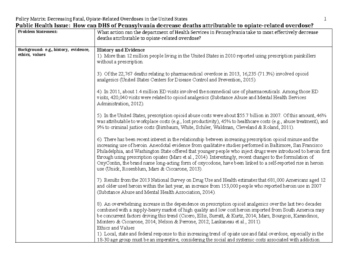 N422 Health Policy Matrix Sample #1 - Public Health Issue: How can DHS ...