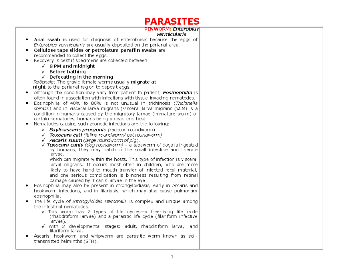 Parasite - Nursing Note - PARASITES PINWORM: Enterobius vermicularis ...
