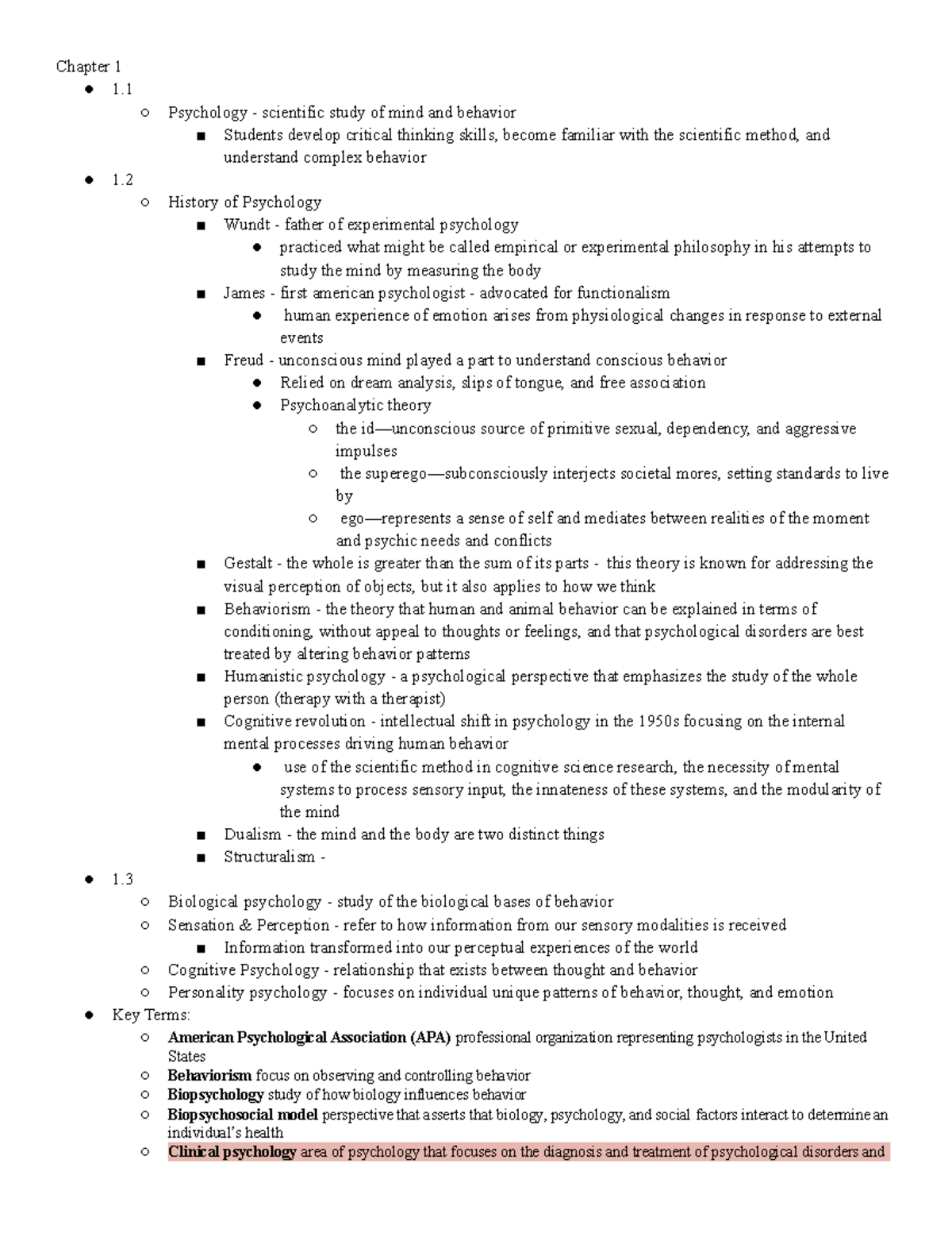 Psych EXAM #1 Review - notes for exam #1 - Chapter 1 1. Psychology ...