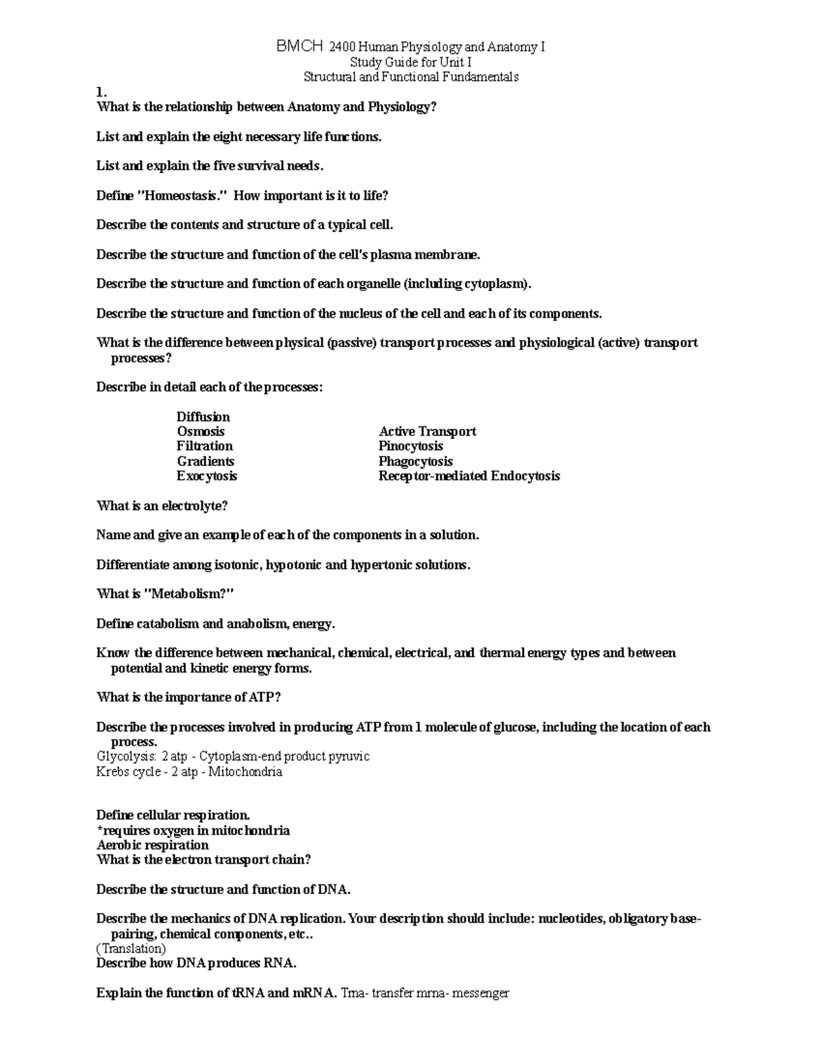 Study Guide -Structural and Functional Fundamentals - BMCH 2400 Human ...