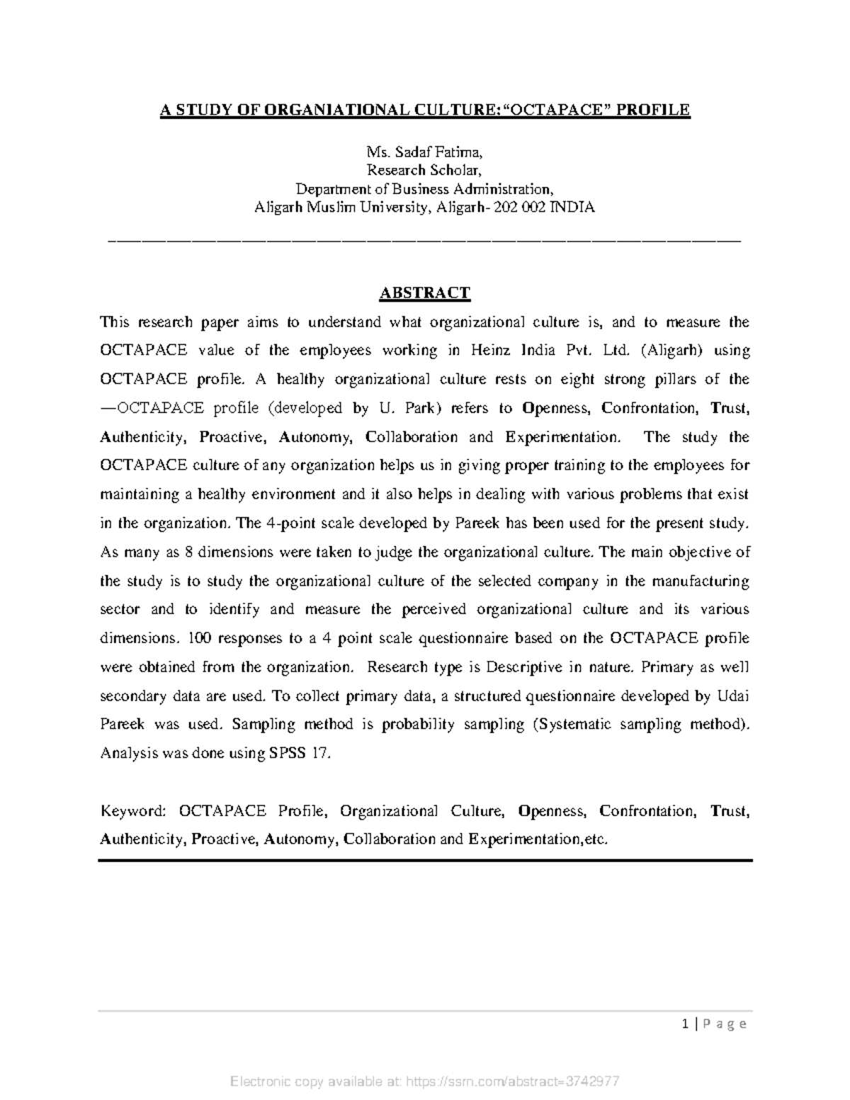 Unit 5 - A Study of Organisational Culture “ Octapace” Profile - 1 | P ...