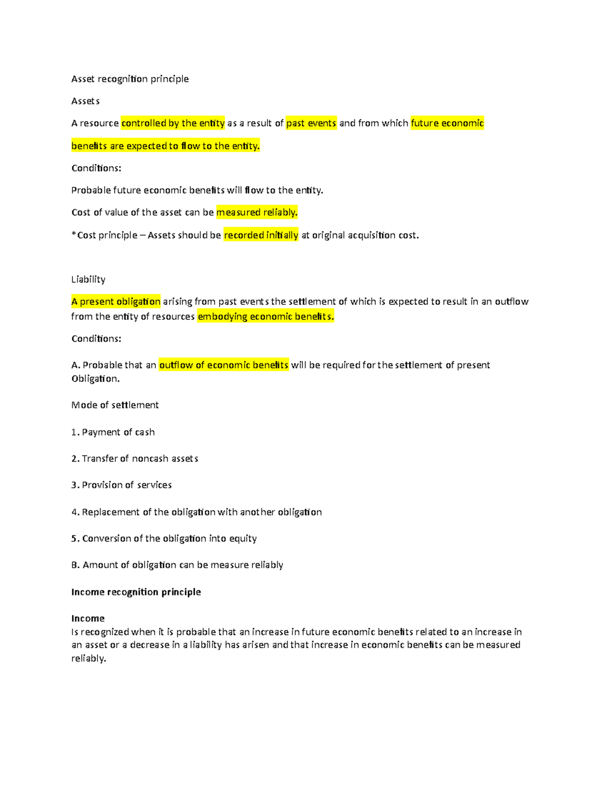 Accounting notes - Asset recognition principle Assets A resource ...