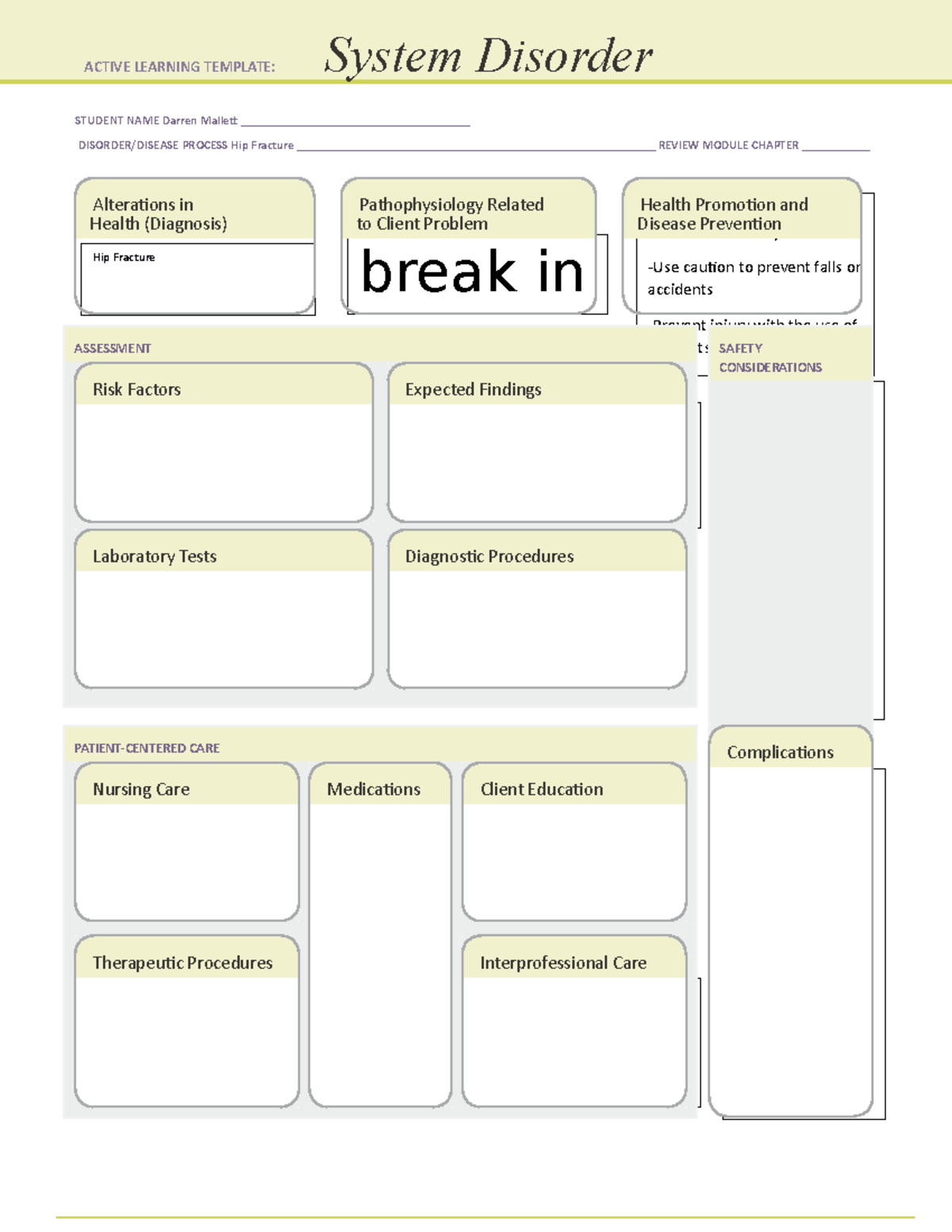 System Disorder Hip Fracture - STUDENT NAME Darren Mallett