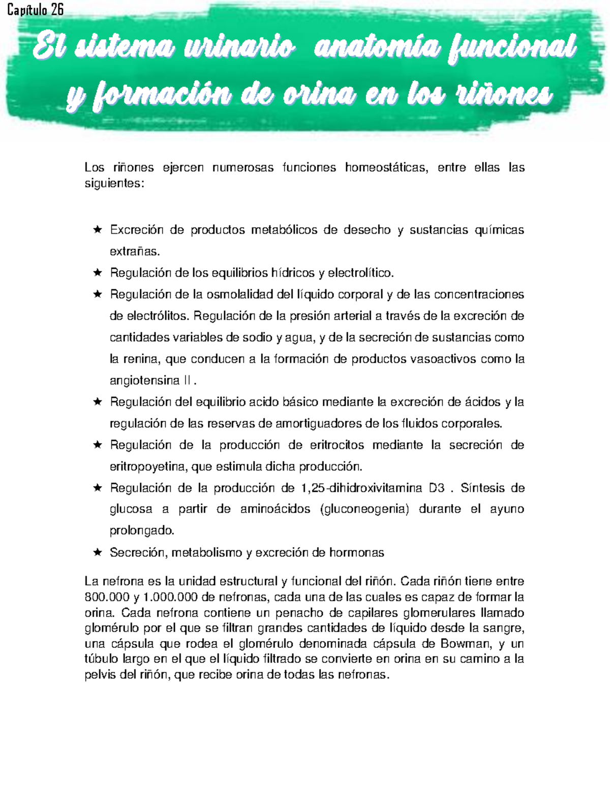 Resumen capitulo 26: EL SISTEMA URINARIO ANATOMÍA FUNCIONAL Y FORMACIÓN DE ORINA EN LOS RIÑONES ...