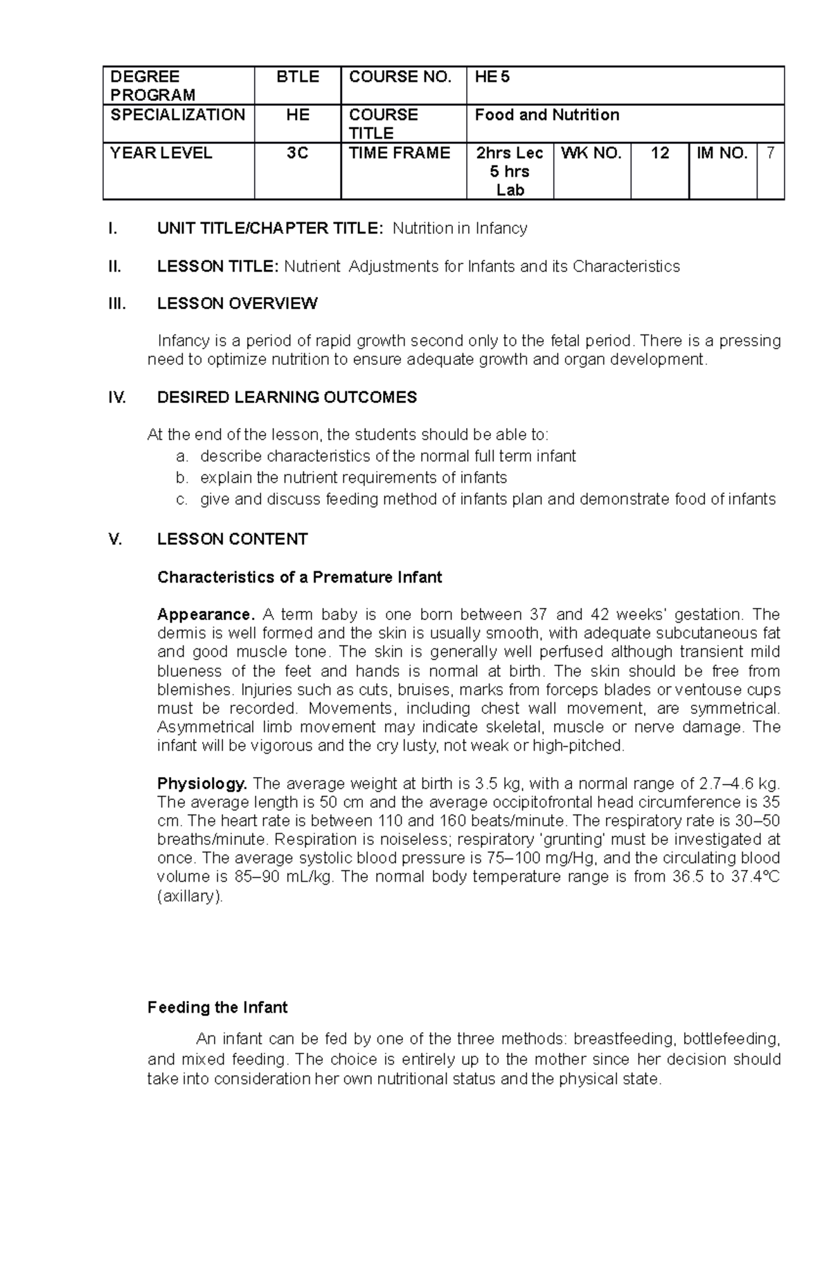 HE 5 Nutrition in Infancy - DEGREE PROGRAM BTLE COURSE NO. HE 5 ...