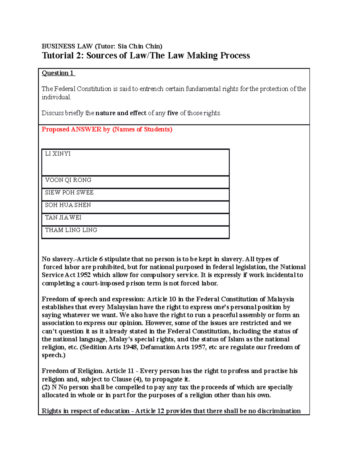 Tutorial #2 (Completed) - BUSINESS LAW (Tutor: Sia Chin Chin) Tutorial ...