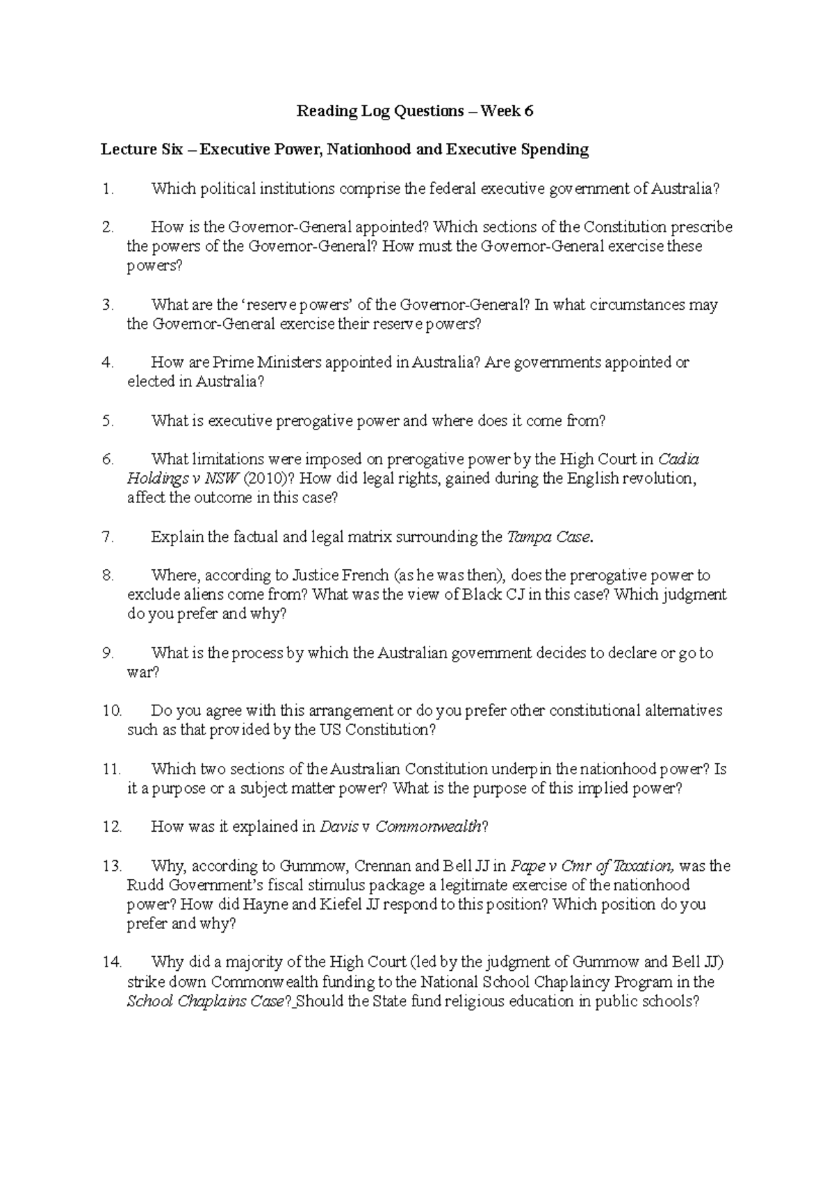 6 - The Executive - Reading Log Questions – Week 6 Lecture Six ...
