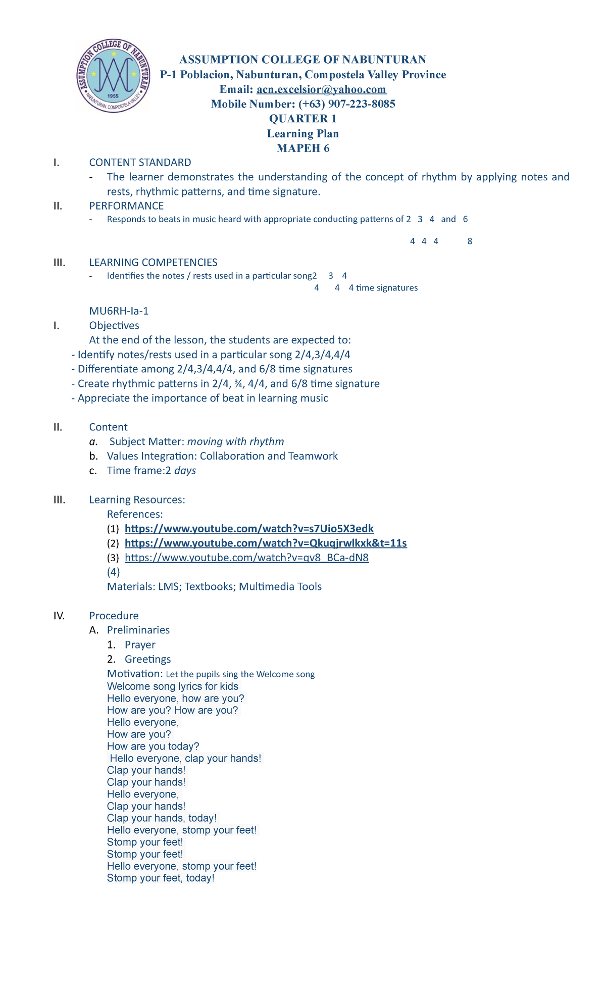Lesson plan week 1 - ASSUMPTION COLLEGE OF NABUNTURAN P-1 Poblacion ...