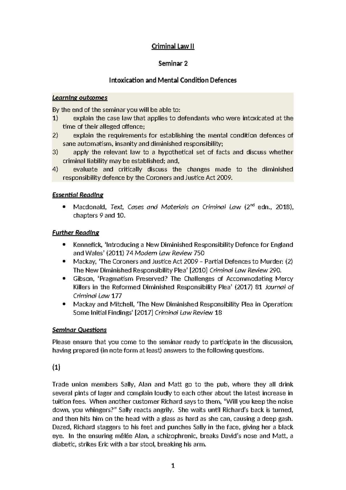 Seminar 2 - law - Criminal Law II Seminar 2 Intoxication and Mental ...
