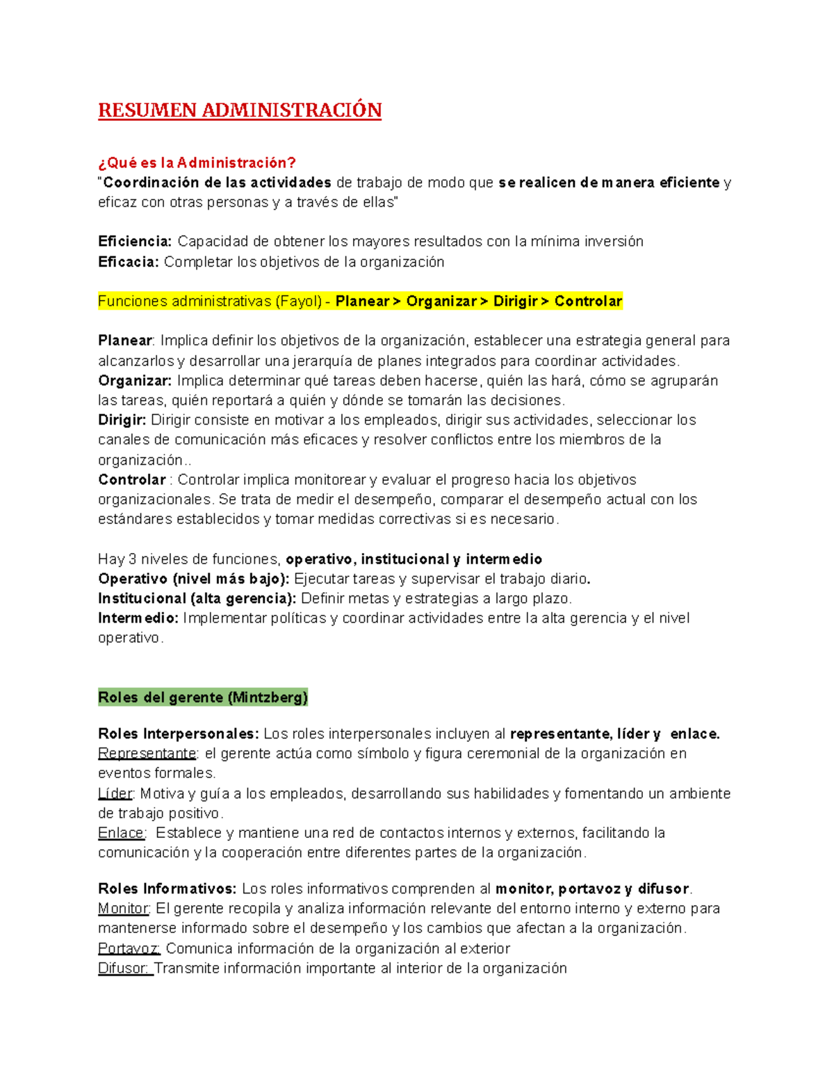 Resumen AdministracióN 1er parcial - RESUMEN ADMINISTRACIÓN ¿Qué es la ...