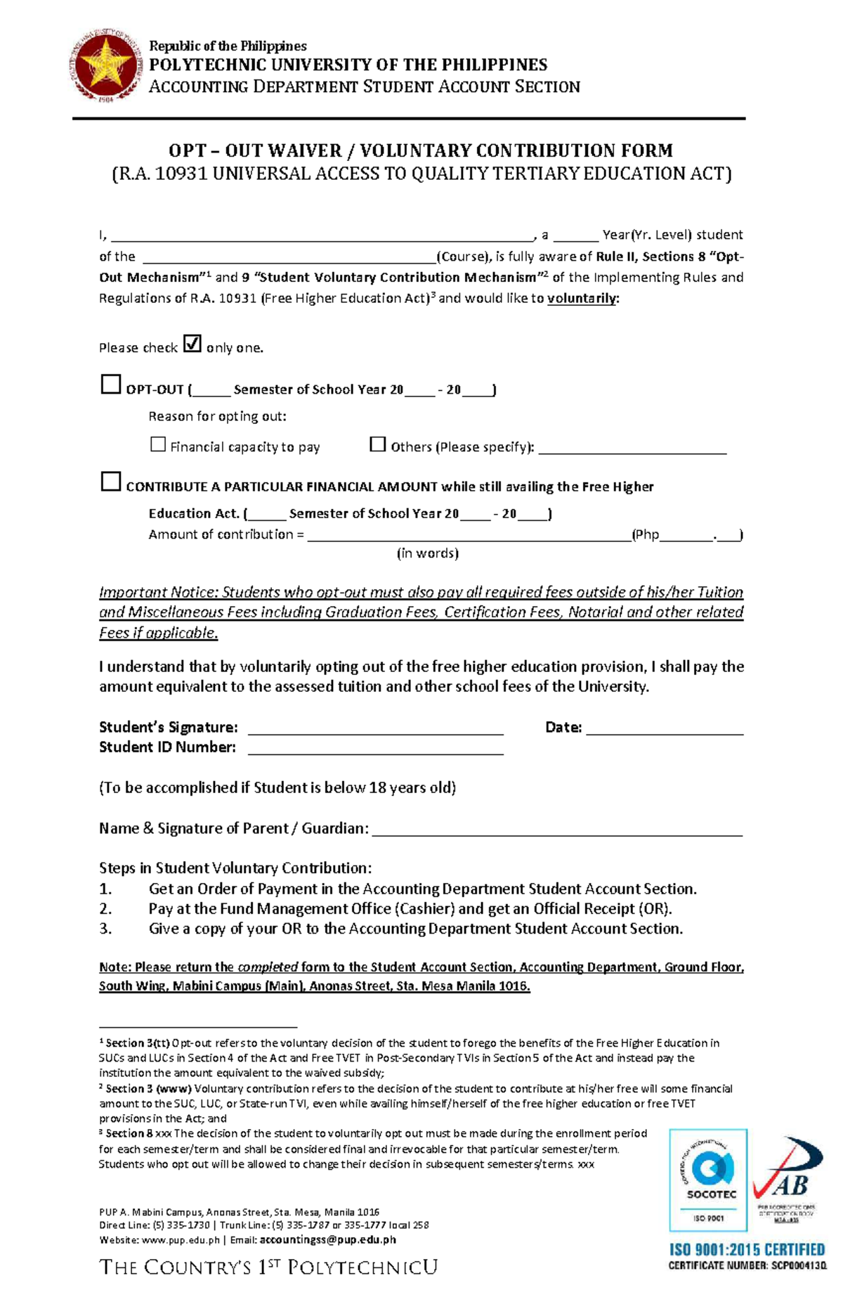 Opt-Out Waiver and Voluntary Contribution Form with Guidelines ...