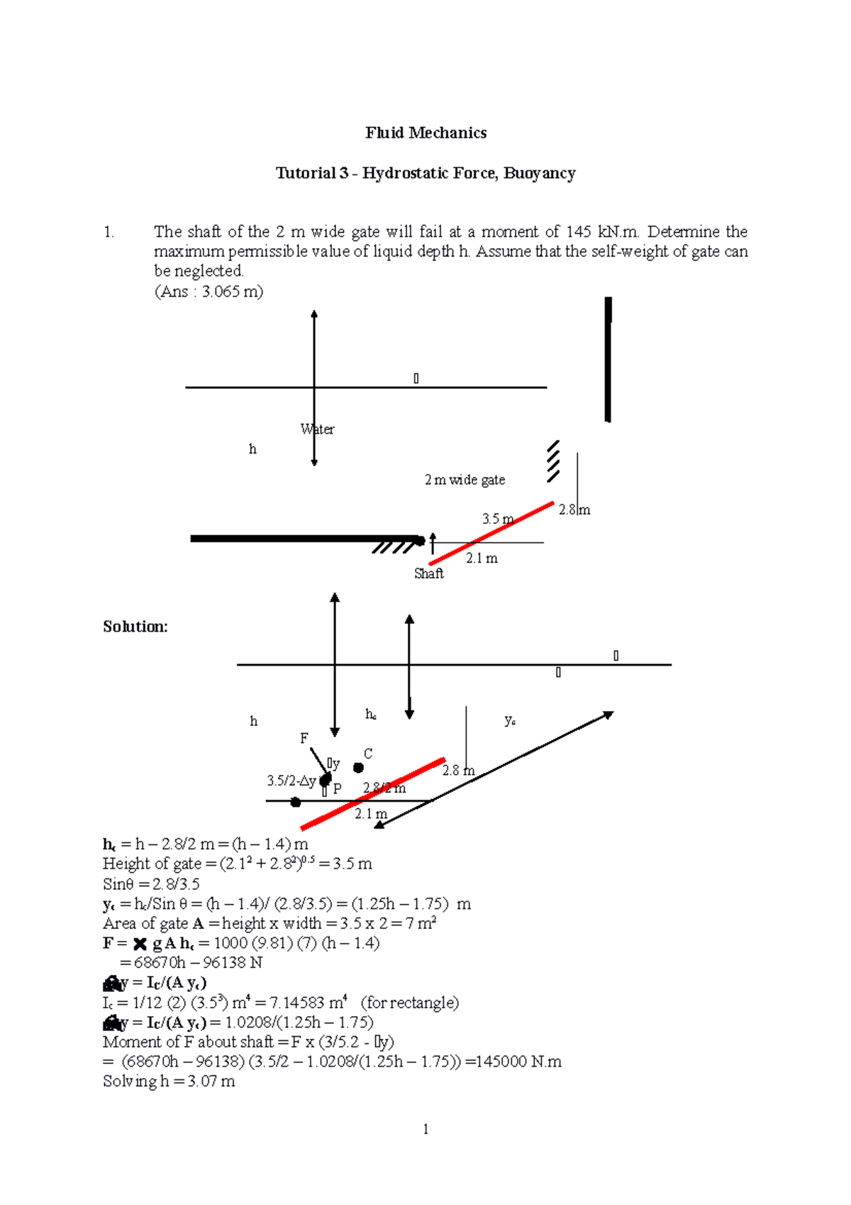 Tut 3 Solution - Fluid Mechanics Tutorial 3 - Hydrostatic Force, Buoyancy 1. The shaft of the 2 ...