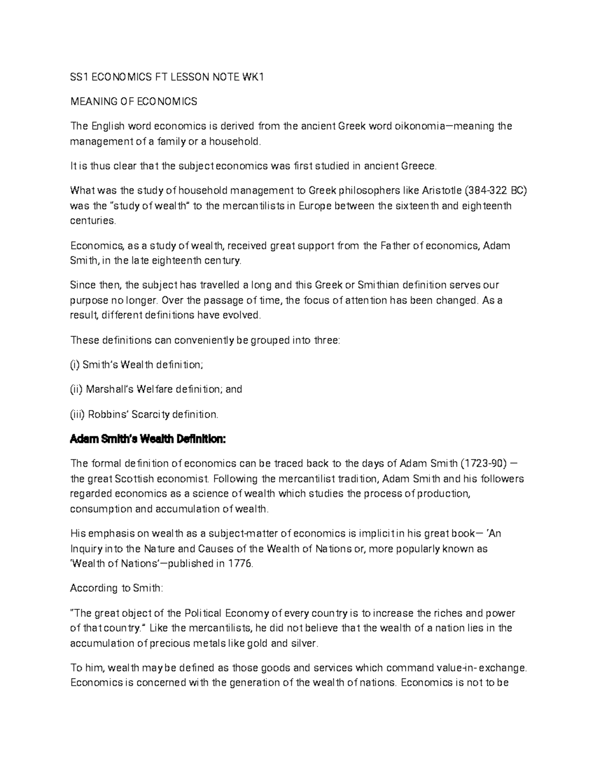 SS1 Economics Lesson NOTE WK1 - SS1 ECONOMICS FT LESSON NOTE WK MEANING ...