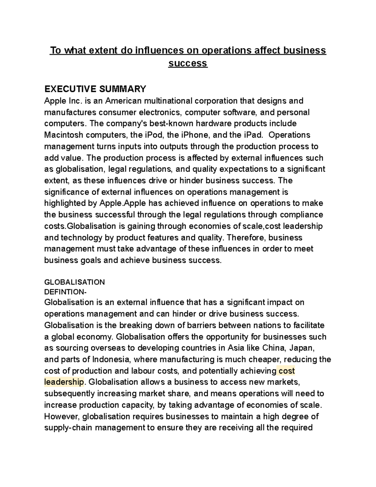 To what extent do influences on operations affect business success - To ...