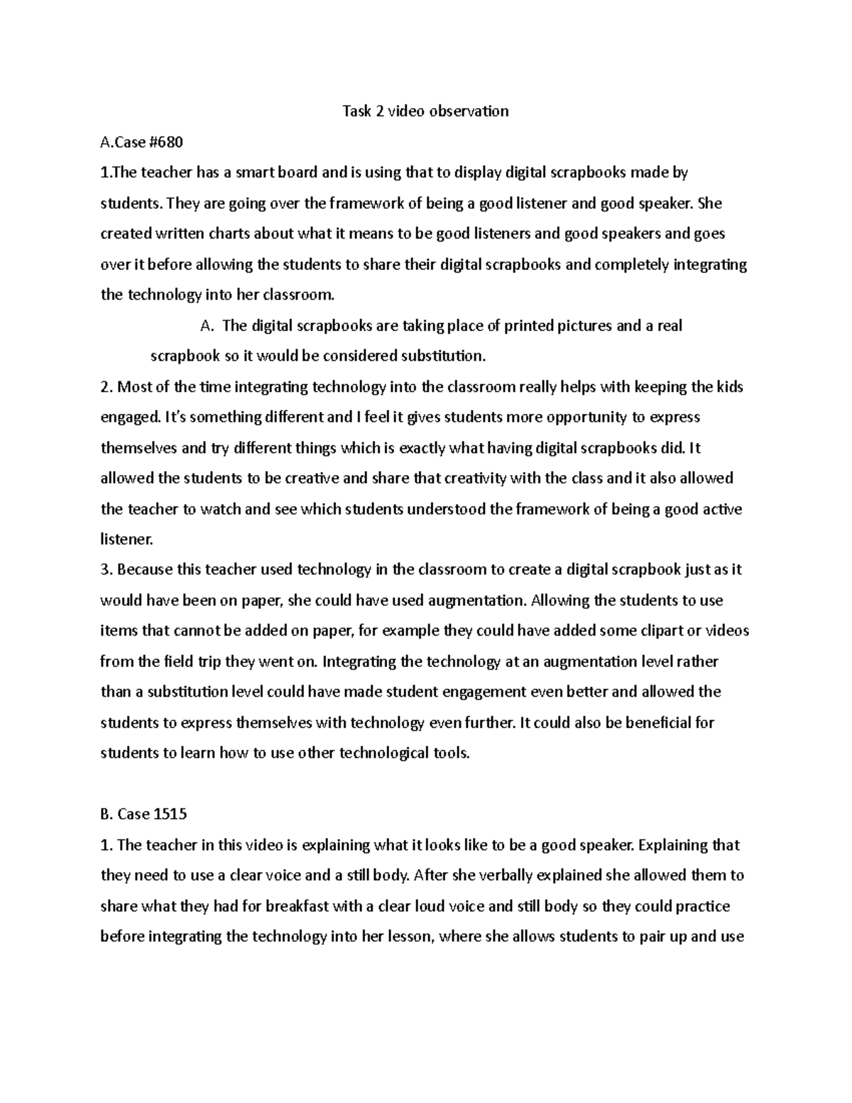 Task 2 video observation technology - Task 2 video observation A # 1 ...