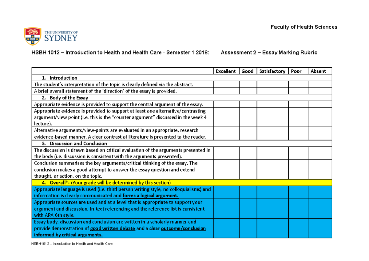 Rubric - essay - HSBH10 12 – Introduction to Health and Health Care ...