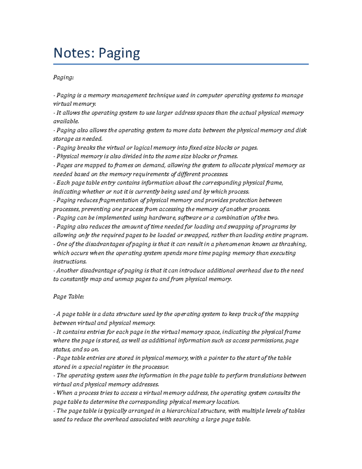 Lecture Notes Paging Notes Paging Paging Paging Is A Memory Management Technique Used In
