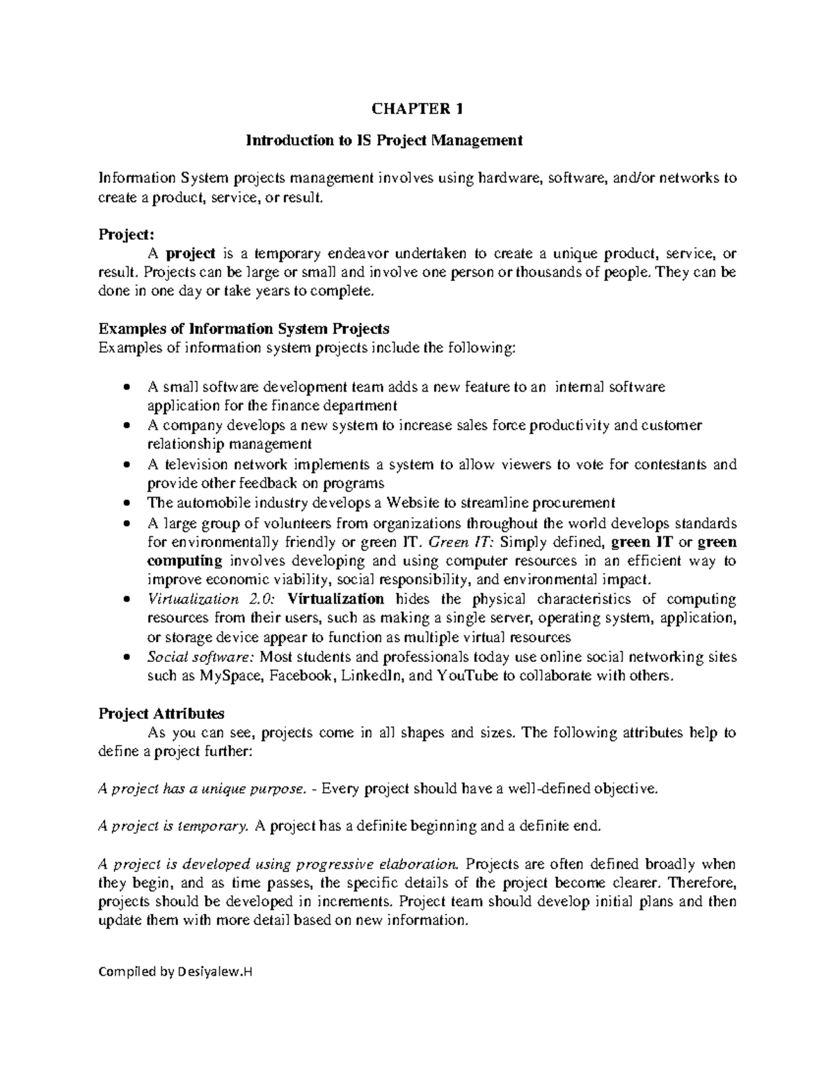 Ch one - Project Management - CHAPTER 1 Introduction to IS Project ...