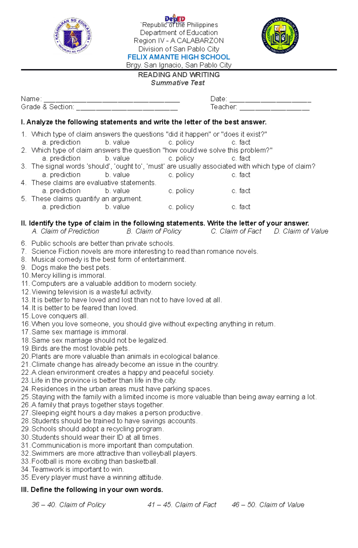 Types OF Claims quiz - quiz - `Republic of the Philippines Department ...