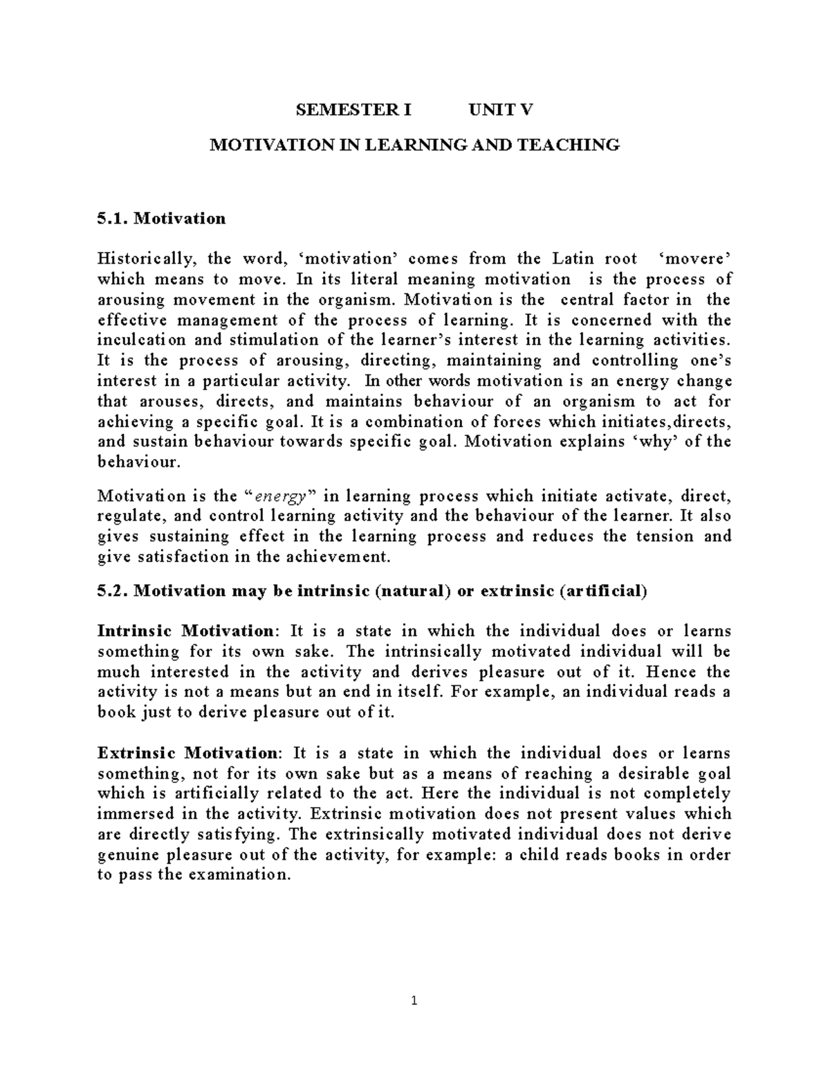 Module 5 motivation - 1st sem psychology - SEMESTER I UNIT V MOTIVATION ...