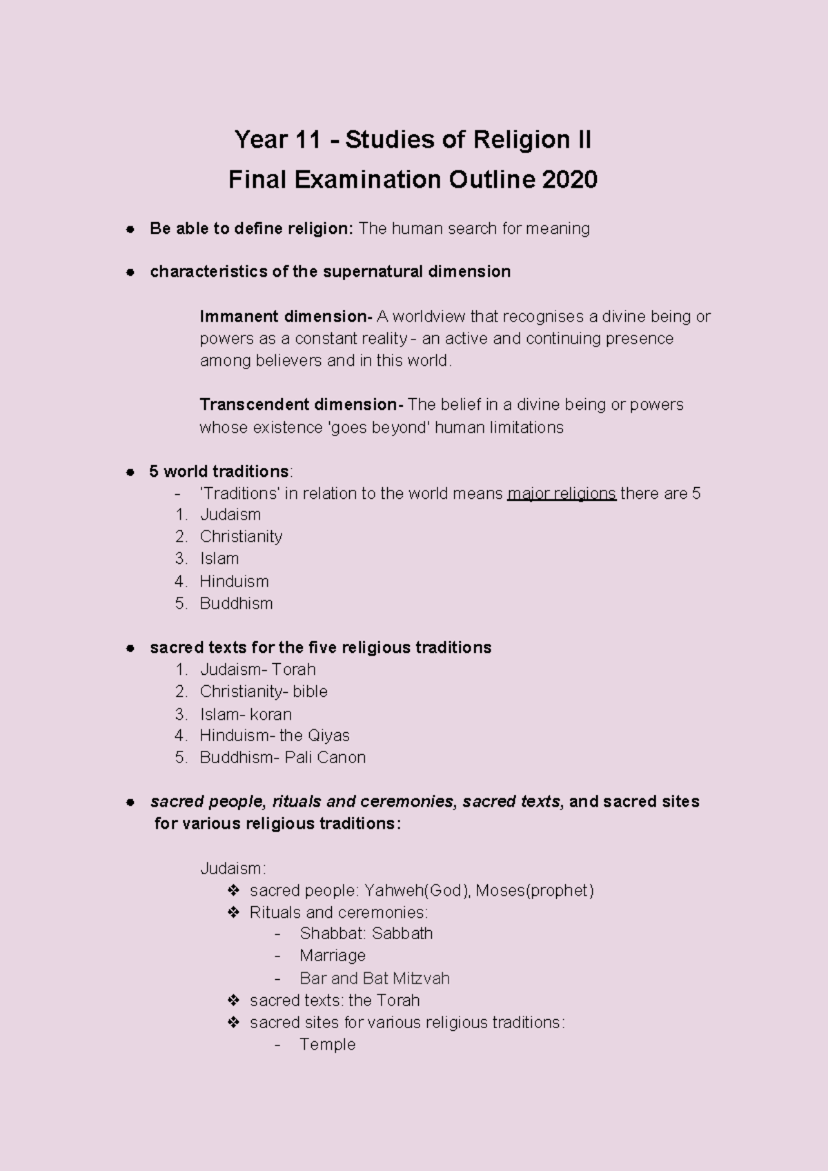Year 11 - Final Studies of Religion II Exam notes - Year 11 - Studies ...