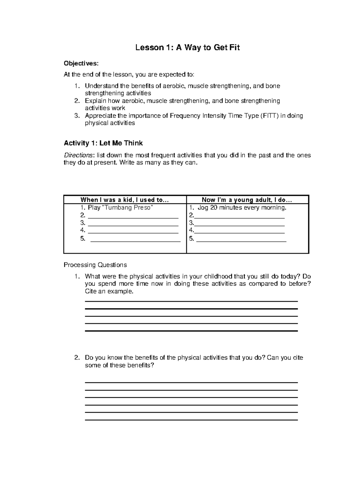 HOPE 1 - HOPE 1 - Lesson 1: A Way to Get Fit Objectives: At the end of ...