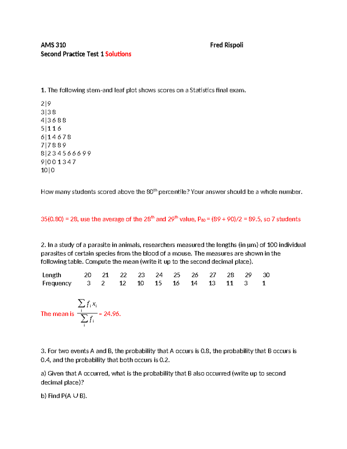 AMS 310 Second Practice Test 1 with Solutions - AMS 310 Fred Rispoli ...