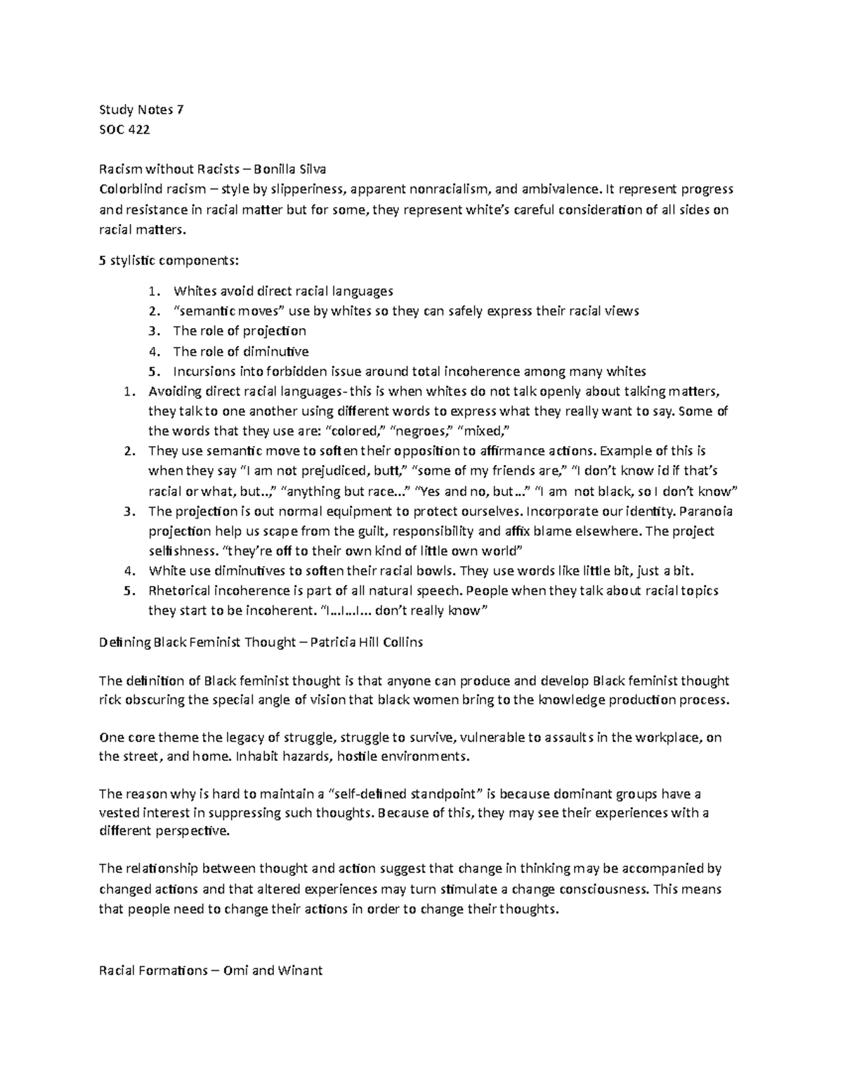 Syudy week notes 7 - Module 7 - Study Notes 7 SOC 422 Racism without ...