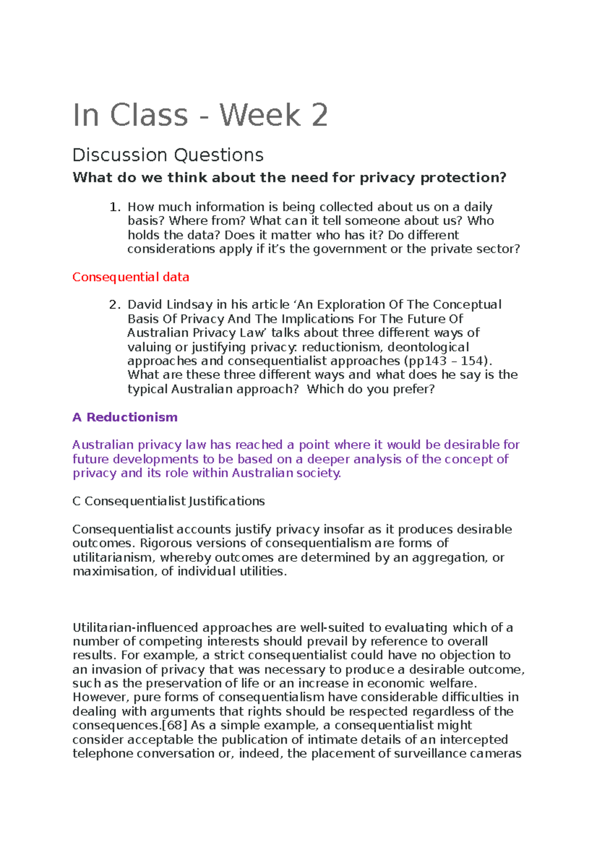 Distruptive Law Week 2 Tutorial - In Class - Week 2 Discussion Questions What do we think about ...