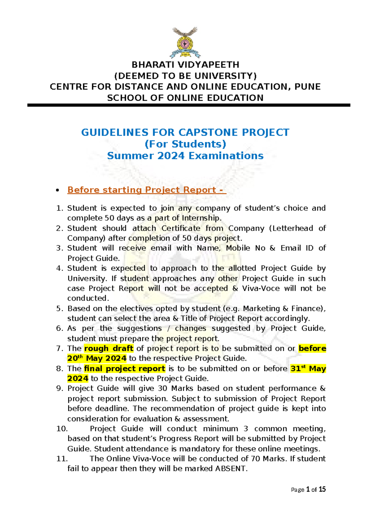 Student Capstone Project Guidelines - Summer 2024 - BHARATI VIDYAPEETH (DEEMED TO BE UNIVERSITY ...